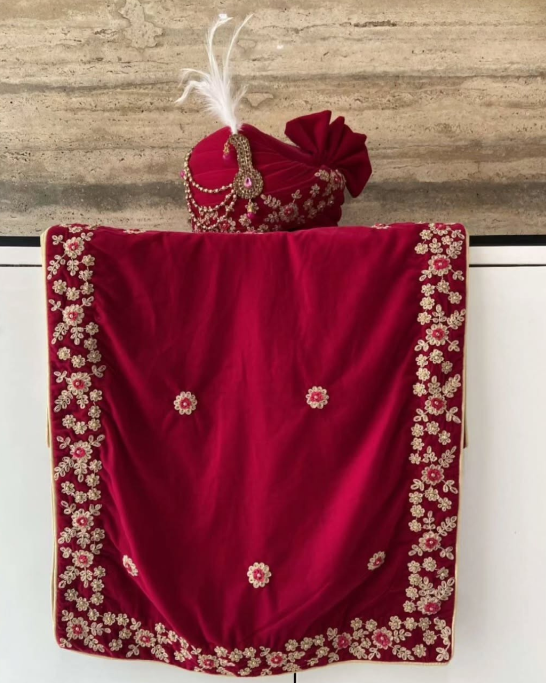 Ruby Red Feta Groom Safa Pagdi Turban with Embroidered Border & Pearl ...
